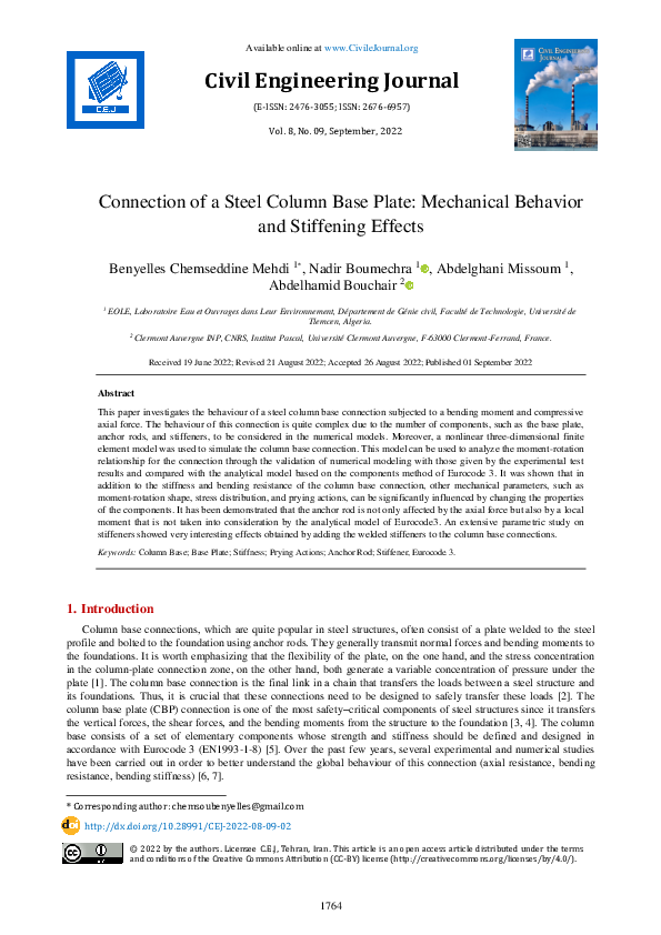 (PDF) Connection of a Steel Column Base Plate: Mechanical Behavior and Stiffening Effects