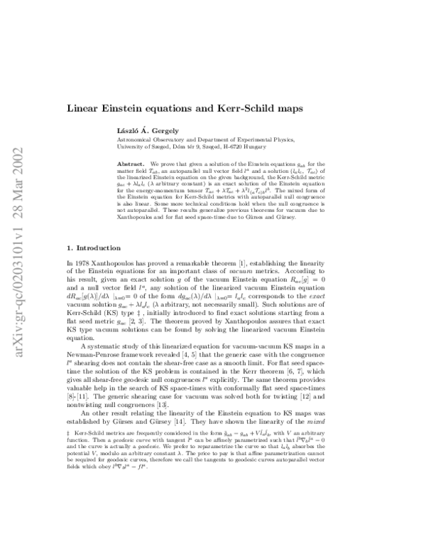 (PDF) Linear Einstein equations and Kerr$ndash$Schild maps