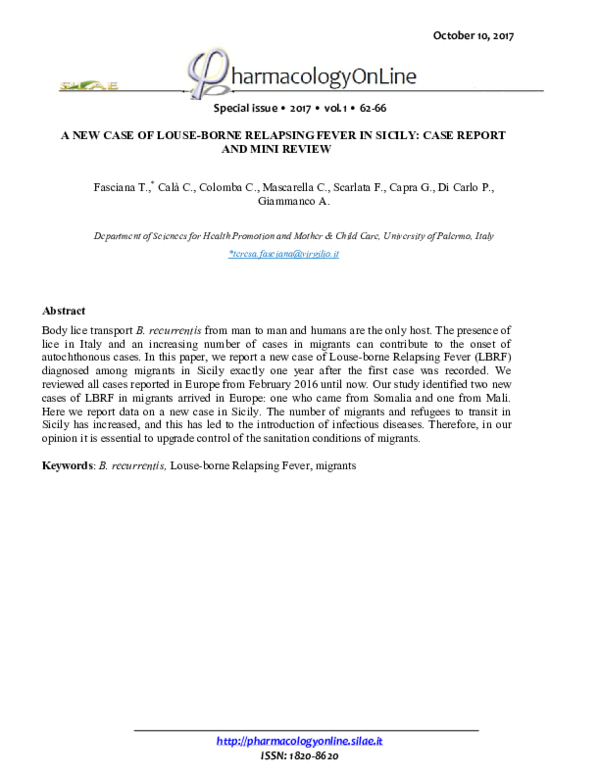 (PDF) A New Case of Louse-Borne Relapsing Fever in Sicily: Case Report ...