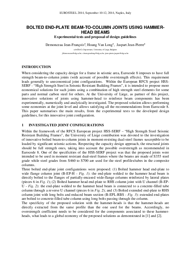(PDF) BOLTED END-PLATE BEAM-TO-COLUMN JOINTS USING HAMMERHEAD BEAMS ...