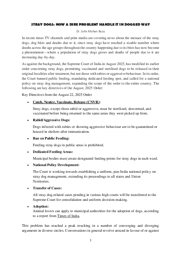 (PDF) STRAY DOGS: NOW A DIRE PROBLEM? HANDLE IT IN DOGGED WAY