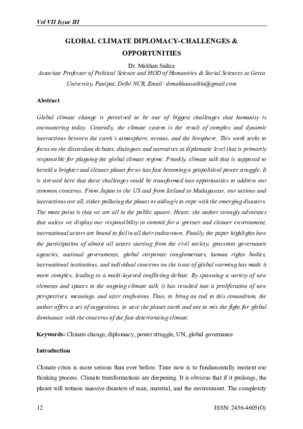 (PDF) GLOBAL CLIMATE DIPLOMACY-CHALLENGES & OPPORTUNITIES