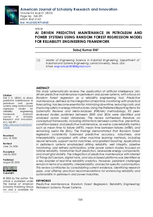 (PDF) AI DRIVEN PREDICTIVE MAINTENANCE IN PETROLEUM AND POWER SYSTEMS USING RANDOM FOREST ...