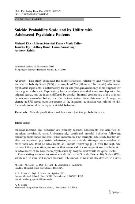 (PDF) Suicide Probability Scale and its Utility with Adolescent ...