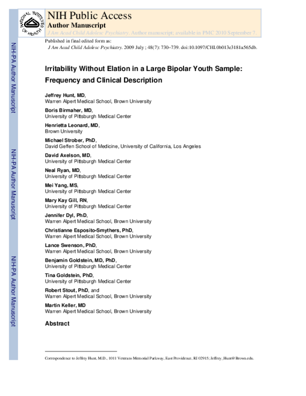 (PDF) Irritability Without Elation in a Large Bipolar Youth Sample: Frequency and Clinical ...