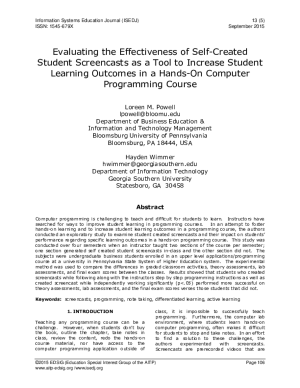 (PDF) Evaluating the Effectiveness of Self-Created Student Screencasts as a Tool to Increase ...