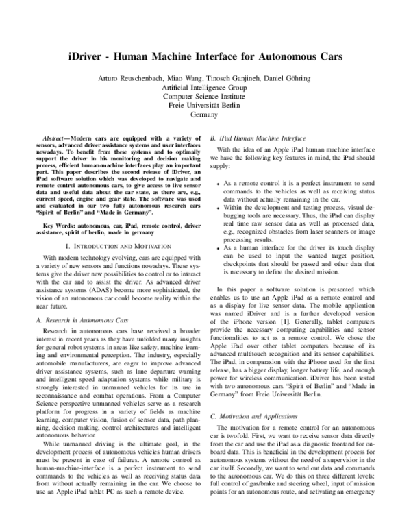 (PDF) iDriver - Human Machine Interface for Autonomous Cars