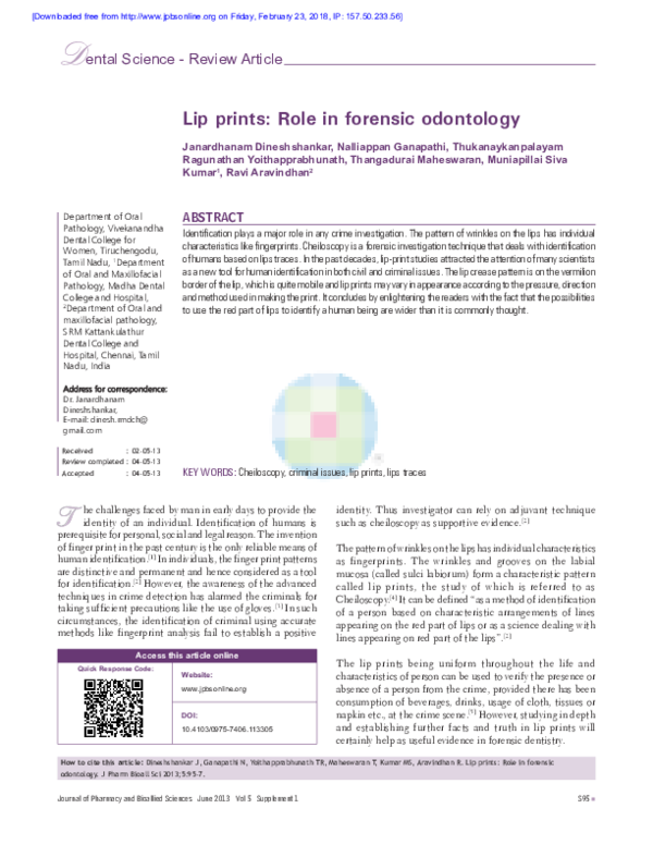(PDF) Lip prints: Role in forensic odontology