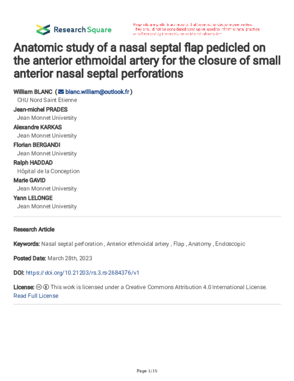 (PDF) Anatomic study of a nasal septal flap pedicled on the anterior ...