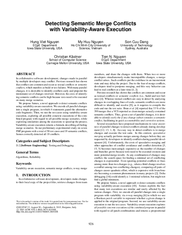Pdf Detecting Semantic Merge Conflicts With Variability Aware Execution