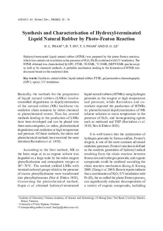 (PDF) Synthesis and Characterisation of Hydroxyl-terminated Liquid Natural Rubber by Photo ...