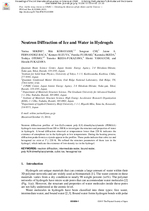 (PDF) Neutron Diffraction of Ice and Water in Hydrogels