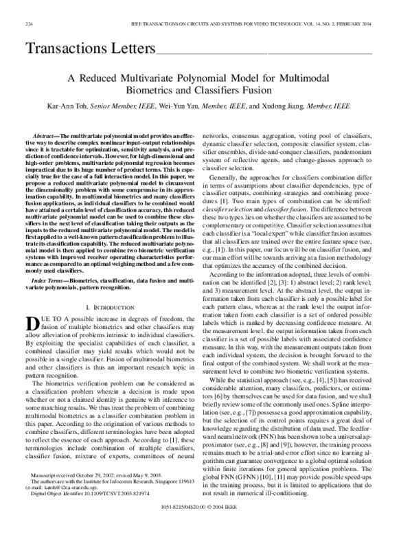 (PDF) A Reduced Multivariate Polynomial Model for Multimodal Biometrics and Classifiers Fusion