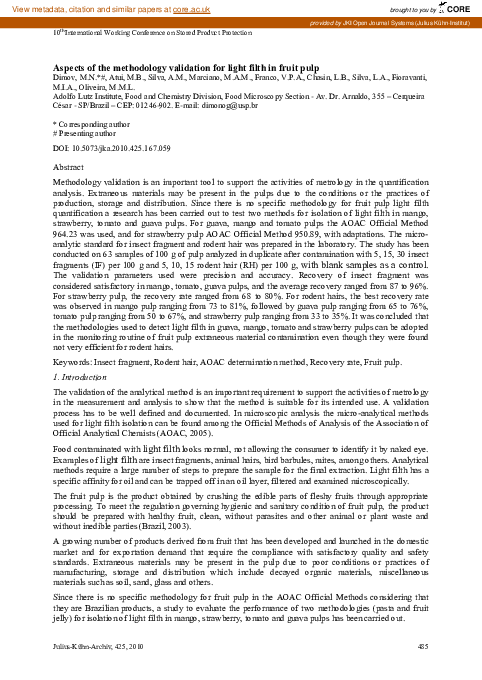 (PDF) Aspects of the methodology validation for light filth in fruit pulp