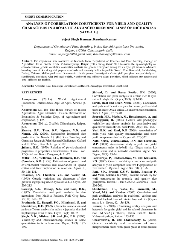 (PDF) Analysis of Correlation Coefficients for Yield and Quality Characters in Aromatic Advanced ...