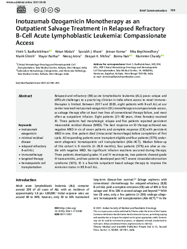 (PDF) Inotuzumab Ozogamicin Monotherapy as an Outpatient Salvage Treatment in Relapsed ...