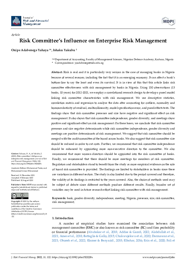 (PDF) Risk Committee's Influence on Enterprise Risk Management