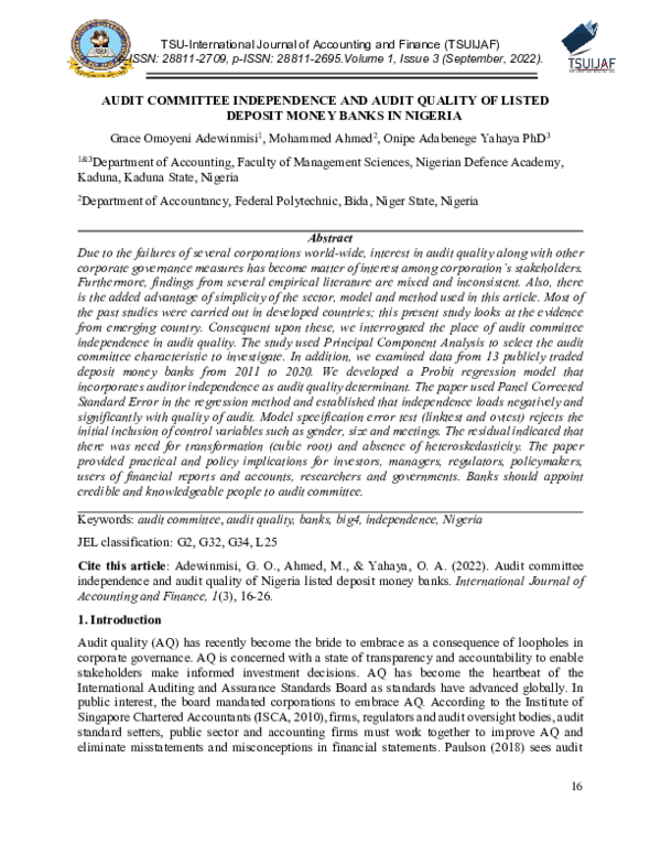 (PDF) Audit committee independence and audit quality of listed deposit ...