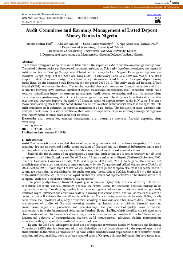 (PDF) Audit Committee and Earnings Management of Listed Deposit Money Banks in Nigeria