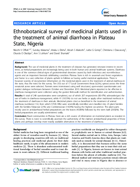 (PDF) Ethnobotanical survey of medicinal plants used in the treatment of animal diarrhoea in ...