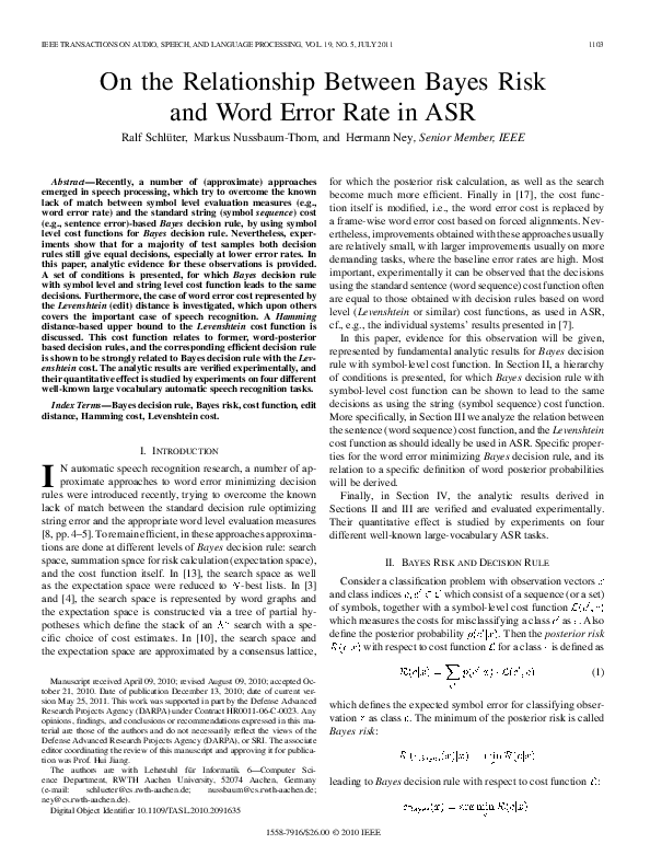 (PDF) On the Relationship Between Bayes Risk and Word Error Rate in ASR