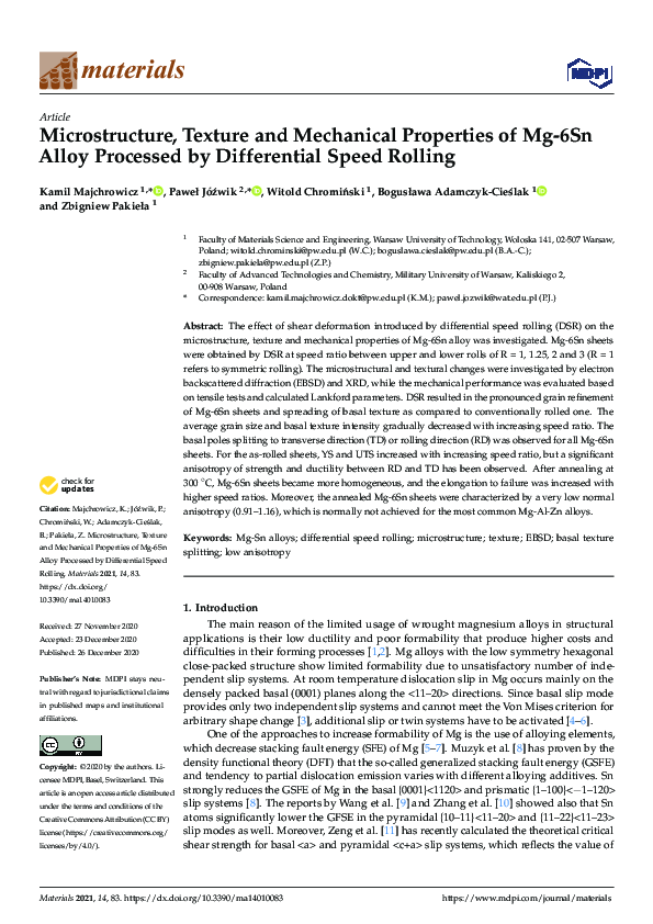 (PDF) Microstructure, Texture and Mechanical Properties of Mg-6Sn Alloy ...