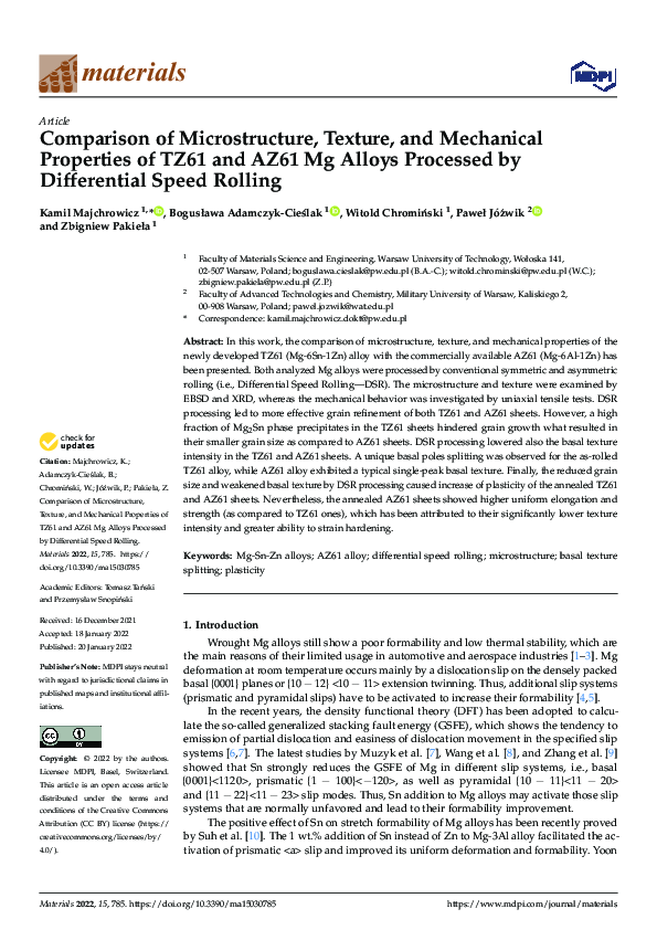 (PDF) Comparison of Microstructure, Texture, and Mechanical Properties of TZ61 and AZ61 Mg ...
