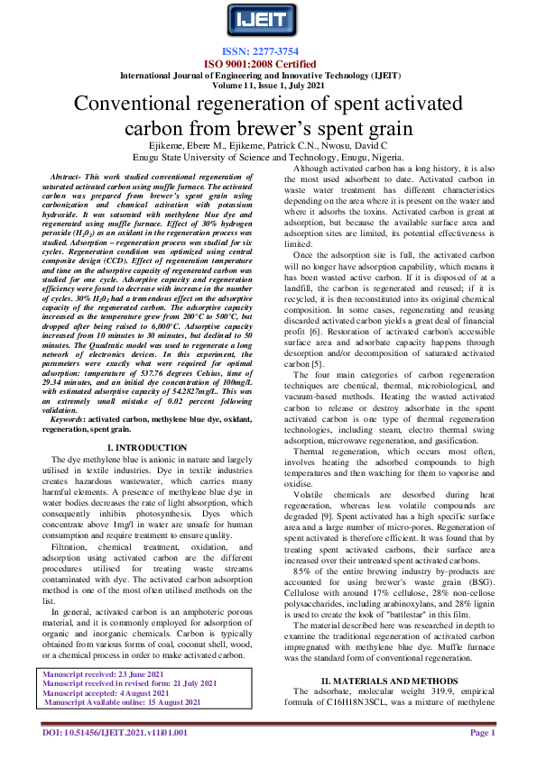 (PDF) Conventional regeneration of spent activated carbon from brewer’s ...