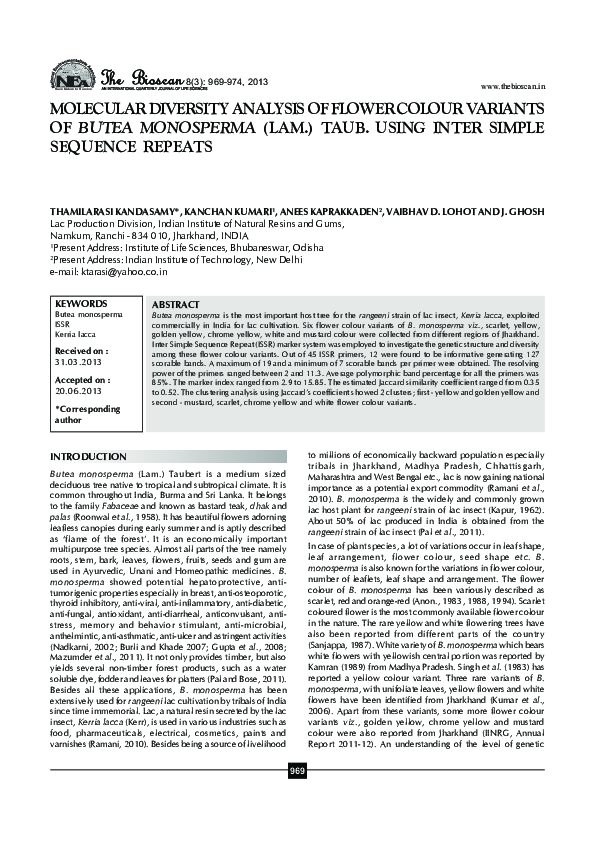 (PDF) Molecular Diversity Analysis of Flower Colour Variants of Butea Monosperma (LAM.) Taub ...