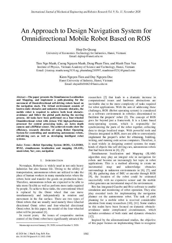 (PDF) An Approach to Design Navigation System for Omnidirectional Mobile Robot Based on ROS