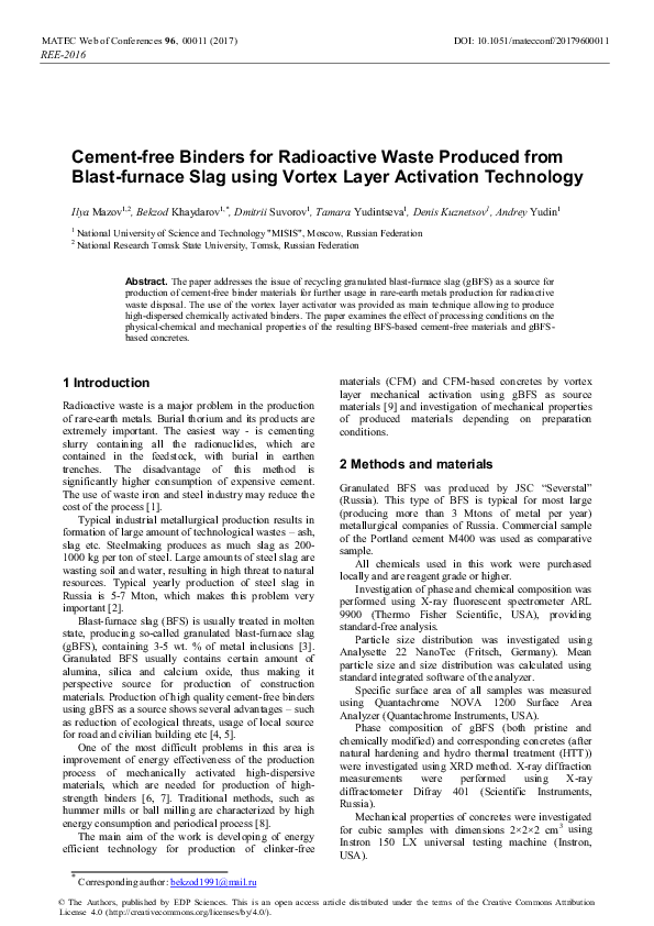 (PDF) Cement-free Binders for Radioactive Waste Produced from Blast ...