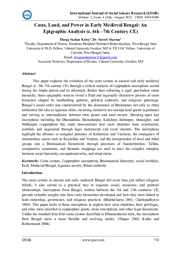 (PDF) Caste ,Land and power in Early Medieval Bengal : An Epigraphic ...