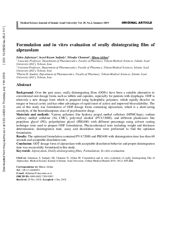 (PDF) Formulation and in vitro evaluation of orally disintegrating film ...