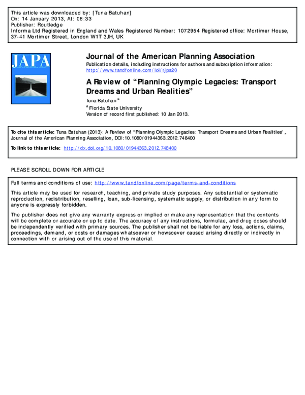 (PDF) A Review of “Planning Olympic Legacies: Transport Dreams and ...