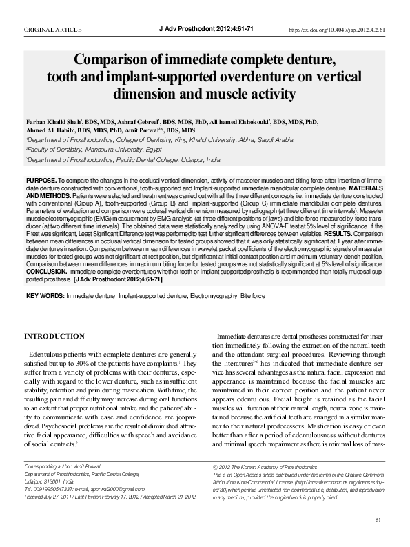 (PDF) Comparison of immediate complete denture, tooth and implant-supported overdenture on ...