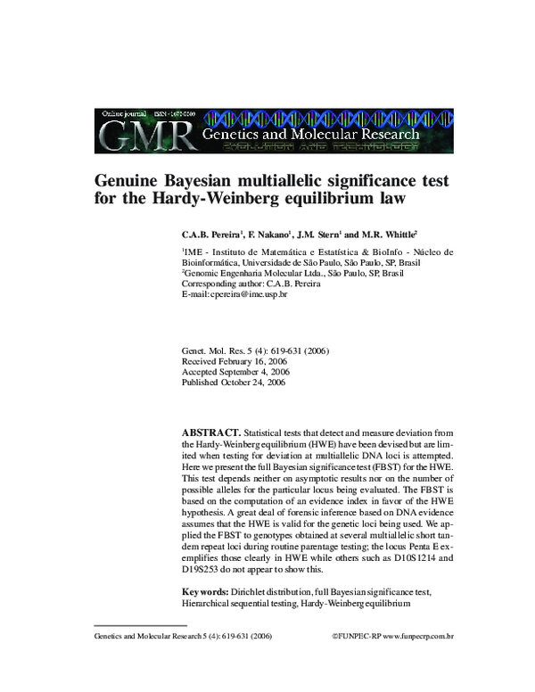 Pdf Genuine Bayesian Multiallelic Significance Test For The Hardy Weinberg Equilibrium Law