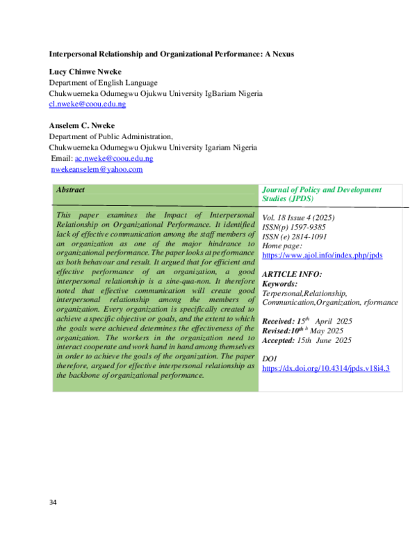 (PDF) Interpersonal Relationship and Organizational Performance: A Nexus