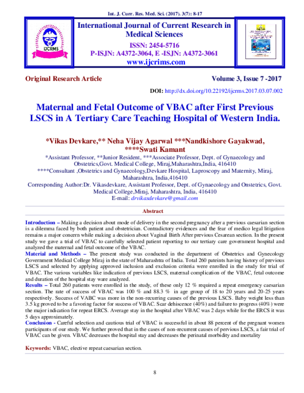 (PDF) Maternal and Fetal Outcome of VBAC after First Previous LSCS in A ...