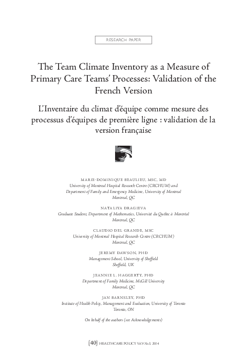 (PDF) The Team Climate Inventory as a Measure of Primary Care Teams ...
