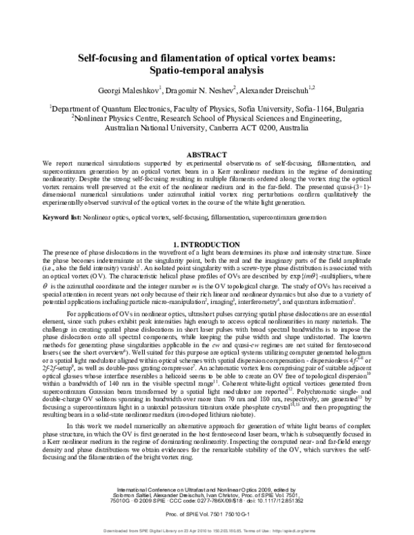 (PDF) Self-focusing and filamentation of optical vortex beams: spatio-temporal analysis