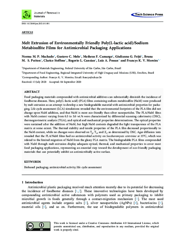 (PDF) Melt Extrusion of Environmentally Friendly Poly(L-lactic acid)/Sodium Metabisulfite Films ...
