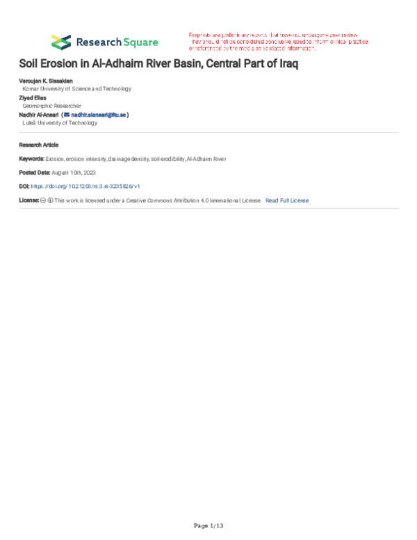 (PDF) Soil Erosion in Al-Adhaim River Basin, Central Part of Iraq