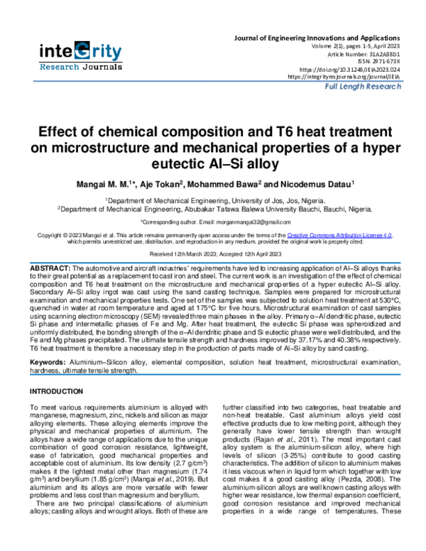 (PDF) Effect of chemical composition and T6 heat treatment on microstructure and mechanical ...