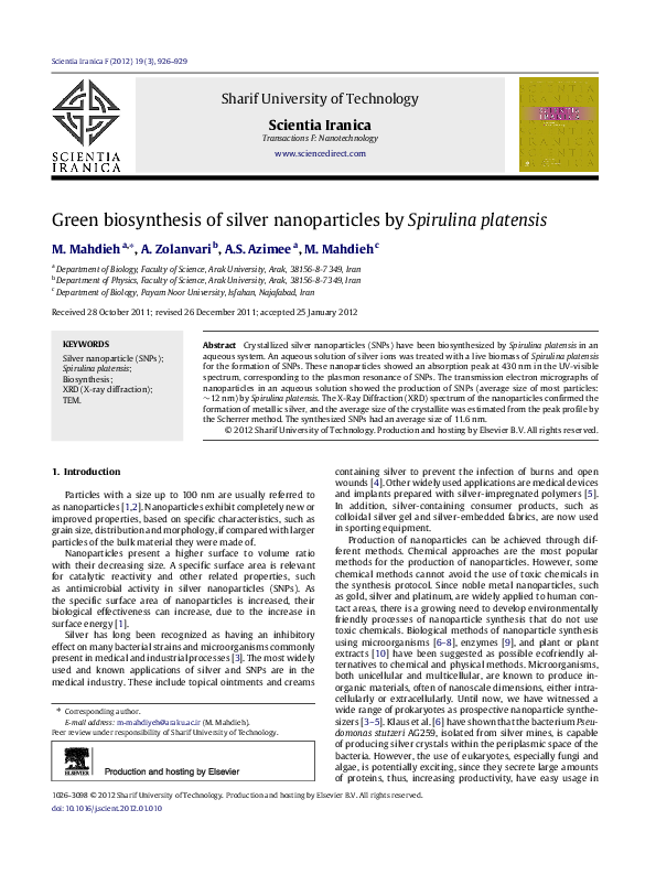 (PDF) Green biosynthesis of silver nanoparticles by Spirulina platensis