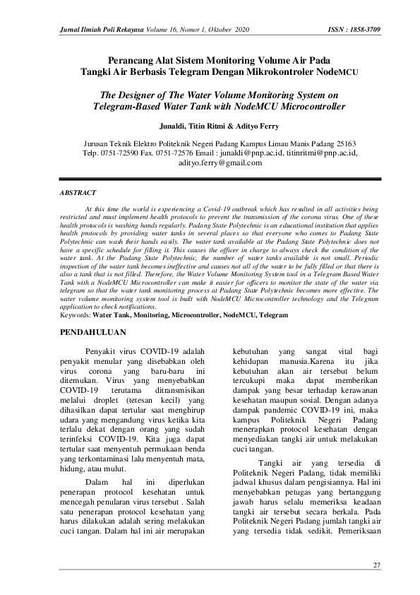 (PDF) Perancang Alat Sistem Monitoring Volume Air Pada Tangki Air ...