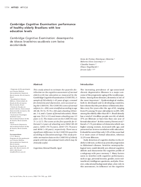 (PDF) Cambridge Cognitive Examination: performance of healthy elderly ...