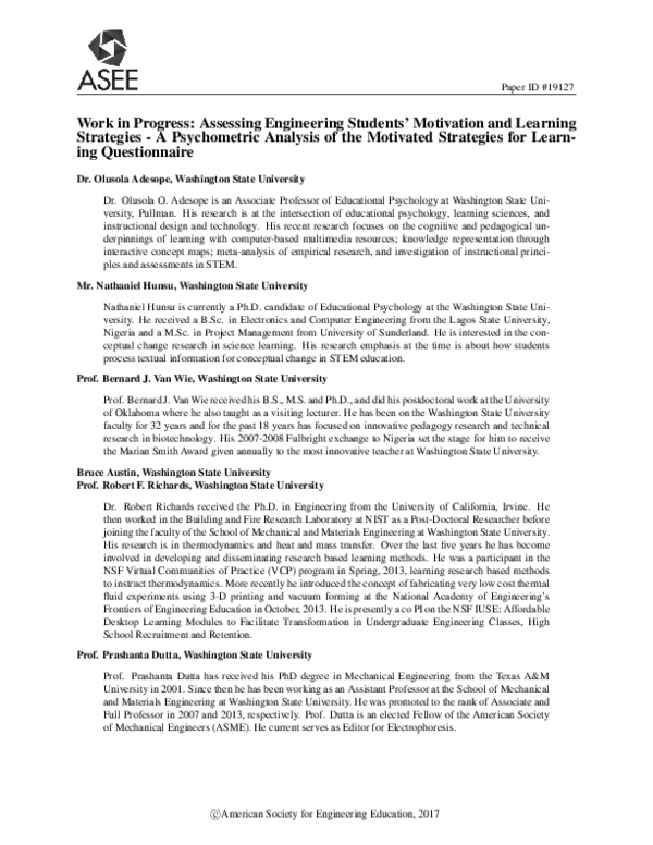 (PDF) Work in Progress: Assessing Engineering Students' Motivation and Learning Strategies - A ...