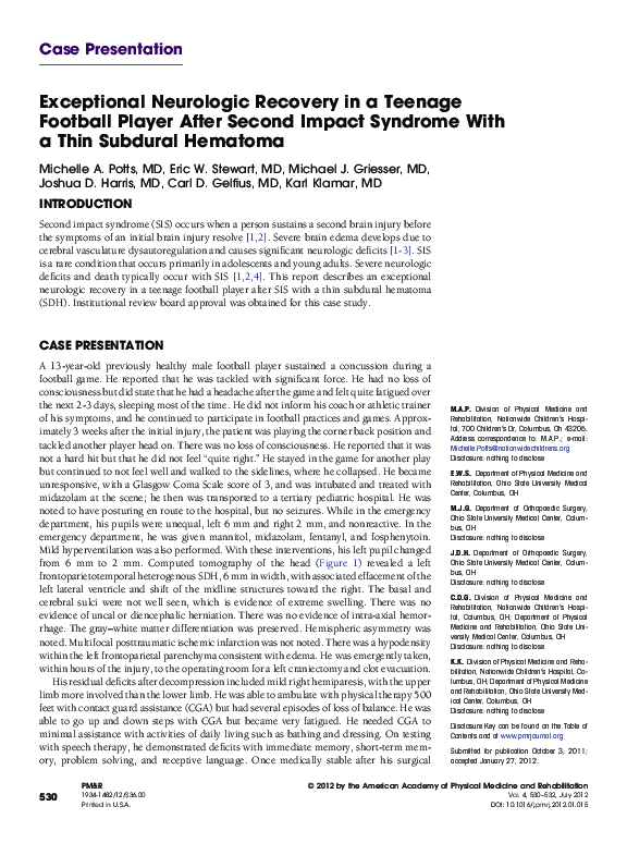 (PDF) Exceptional Neurologic Recovery in a Teenage Football Player ...