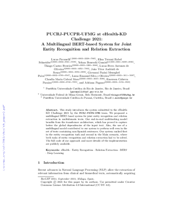 (PDF) PUCRJ-PUCPR-UFMG at eHealth-KD Challenge 2021: A Multilingual BERT-based System for Joint ...