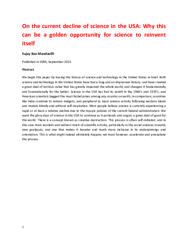 (PDF) On the current decline of science in the USA: Why this can be a ...
